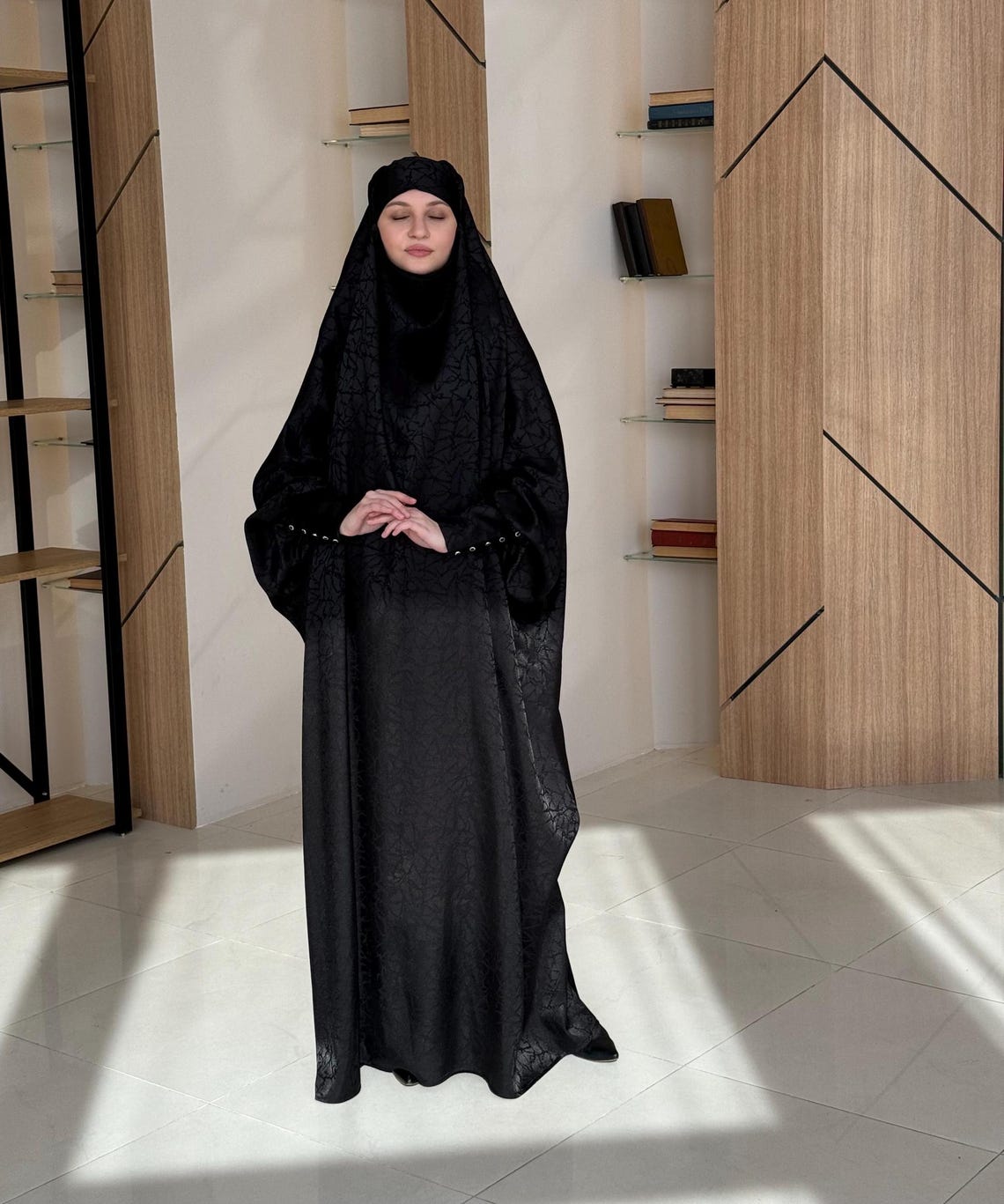Black Elegant Jilbab – Full-coverage Viscose Jacquard Hijab Dress With ...
