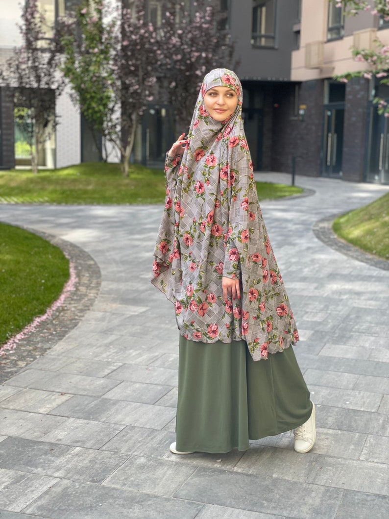 Gray Summer Khimar With Floral Print, Elegant Stylish Jilbab - Etsy