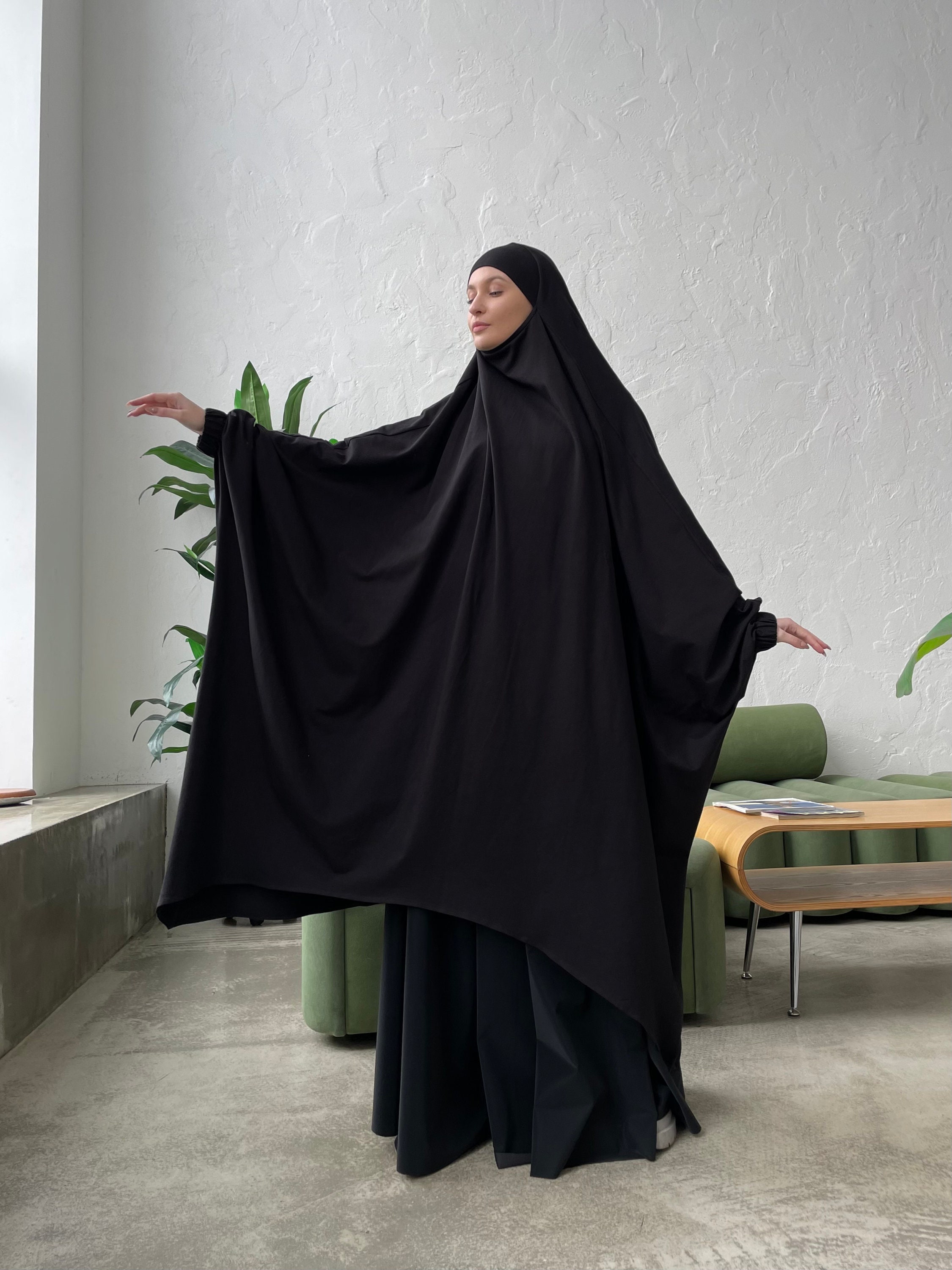 Elegant Long Black Cotton Jersey Khimar Asymmetrical Length - Etsy