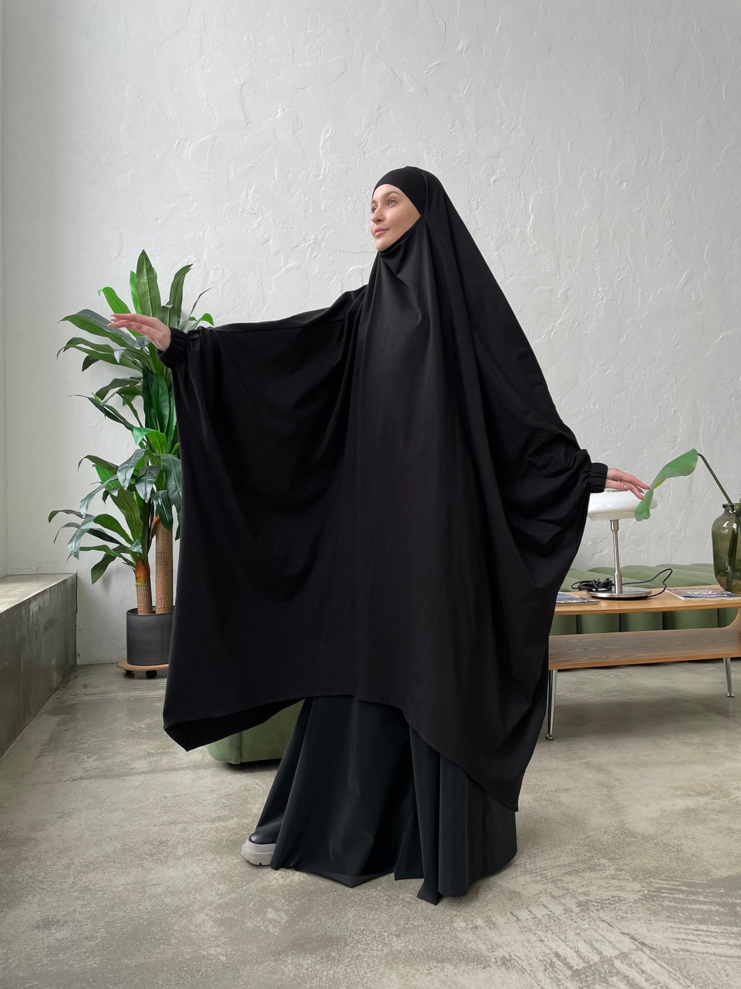 Elegant Long Black Cotton Jersey Khimar Asymmetrical Length - Etsy