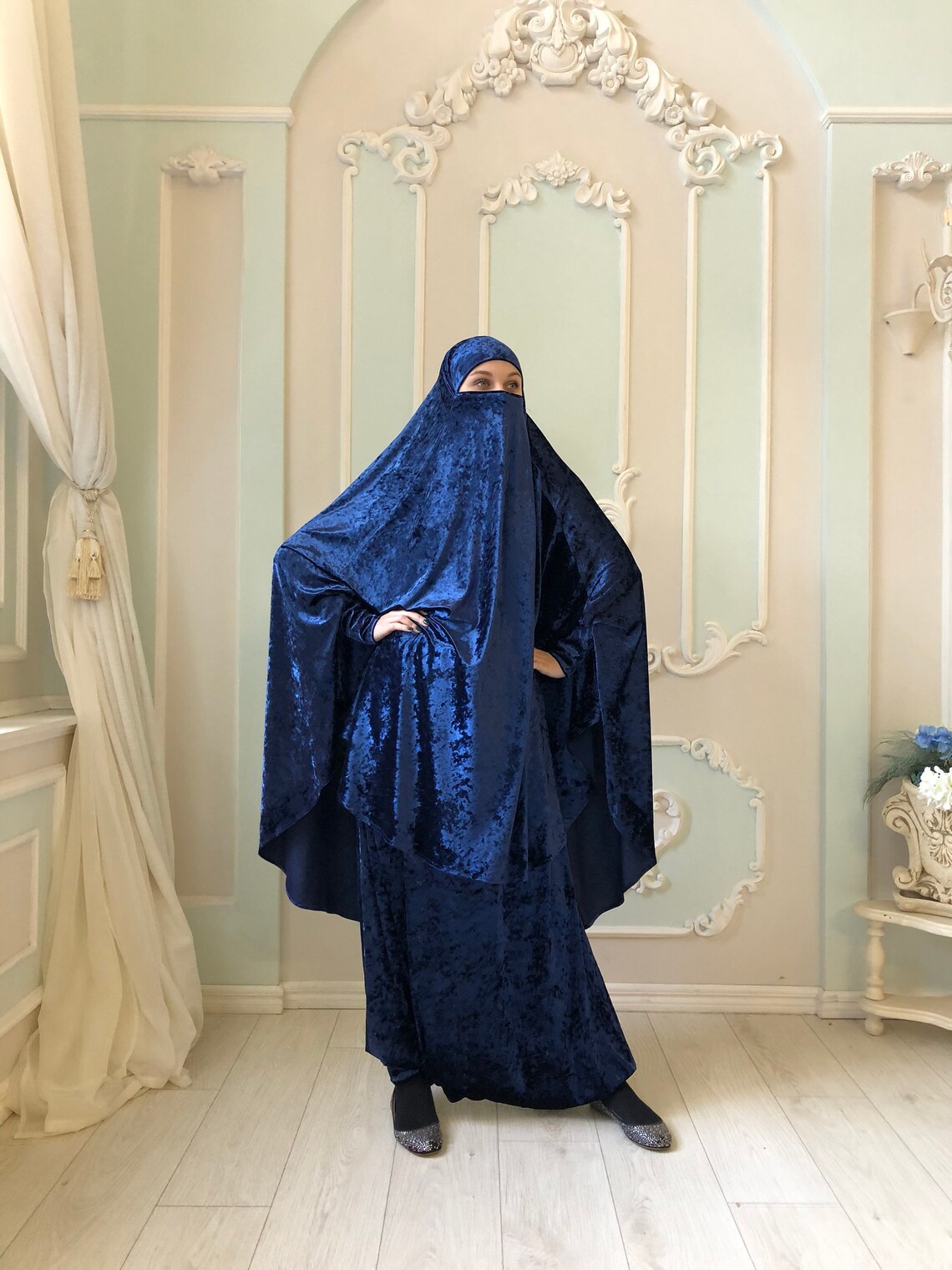 Velvet Navy Blue Franch Khimar Suit Muslim Winter Suit Harem | Etsy