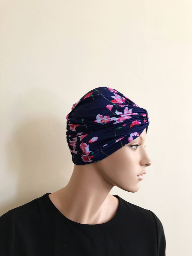 Navy Flower Turban Full Turban Hat Stretchy Viscose Jersey - Etsy
