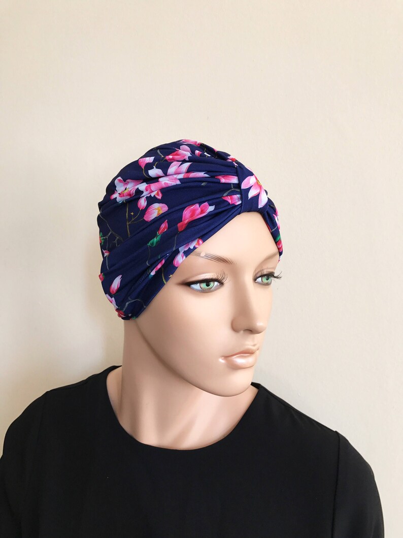 Navy Flower Turban Full Turban Hat Stretchy Viscose Jersey - Etsy