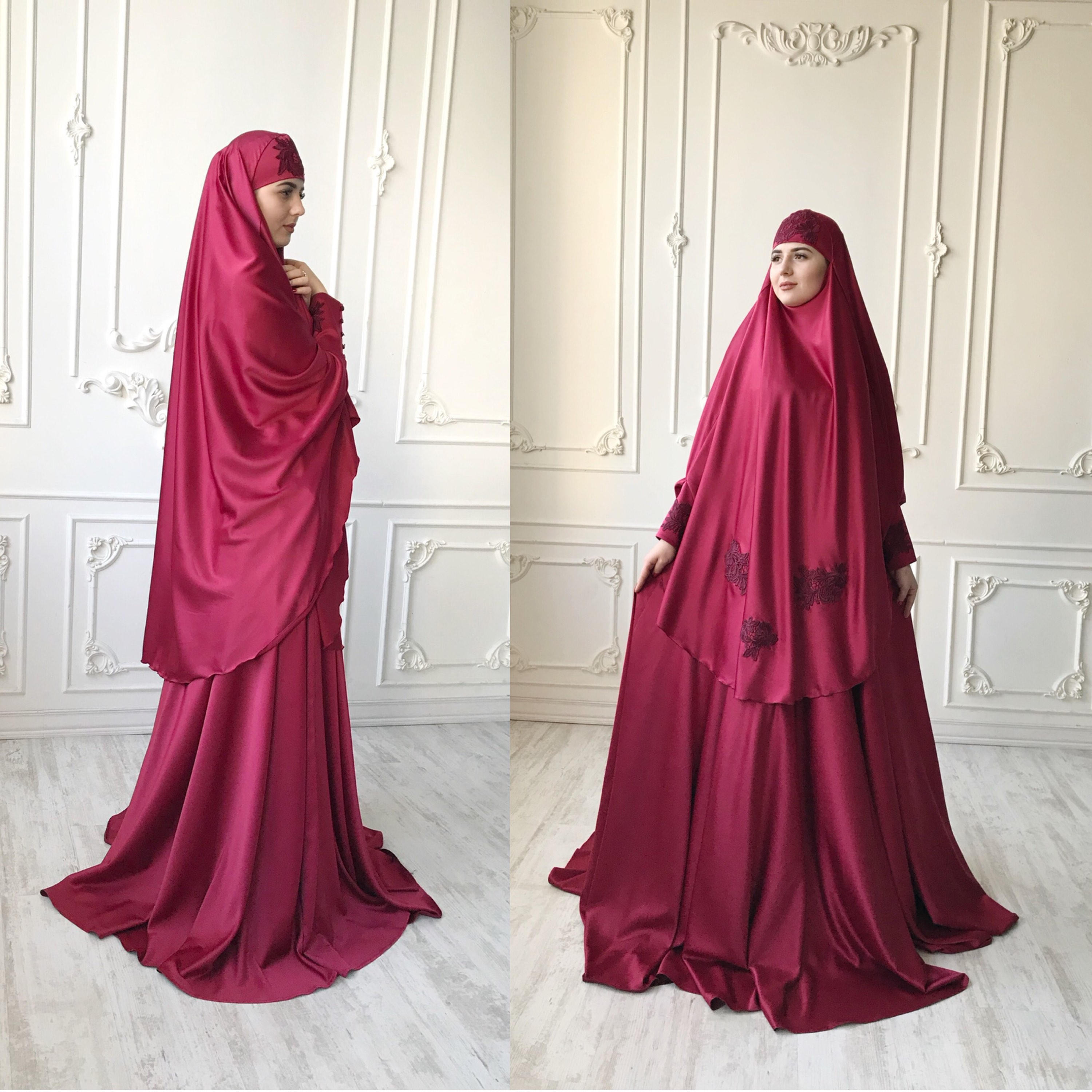 Elegant Burgundy Silk Jilbab Suit, Lace Trim Khimar - Etsy