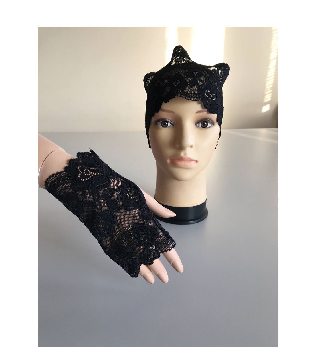 Black Lace Mittens and Buff, Retro Headband, Short Gloves, Lace Bonet ...