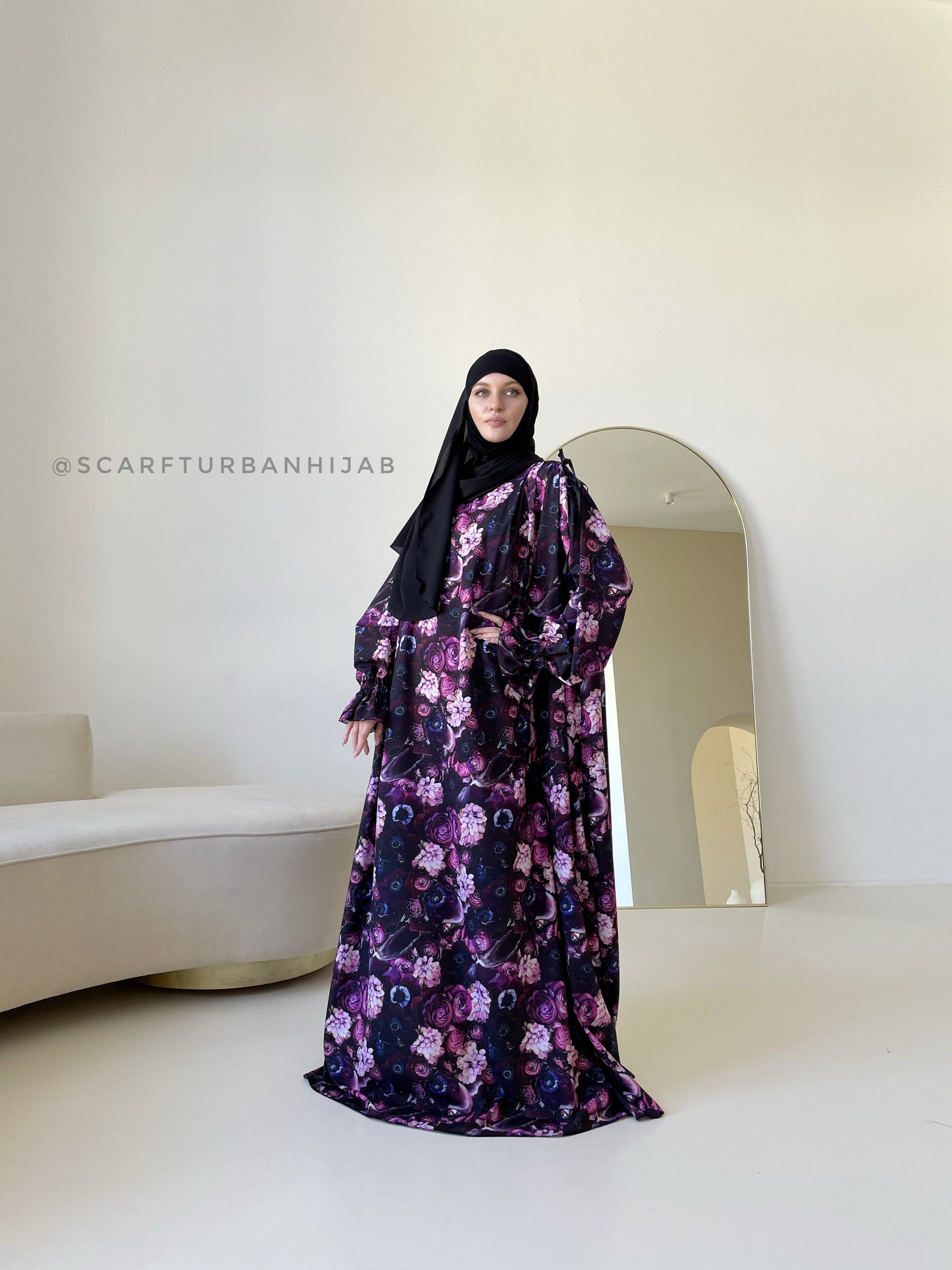 Dark Floral Print Dress With Puffy Sleeves With Black Hijab - Etsy