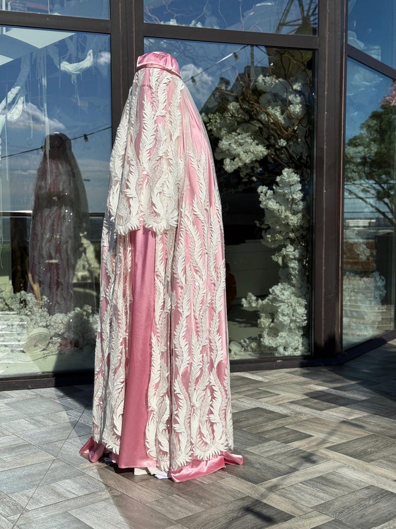 Luxury Pink Silk Burqa, 3D White Lace, Modest Islamic Wedding Wear - Etsy