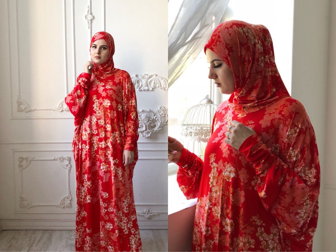 Red Prayer Dress With Hijab, Muslim Clothing, Islamic Gift, Abaya ...