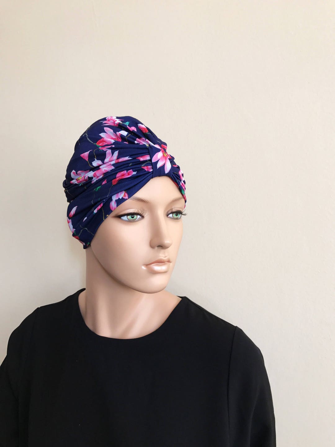 Navy Flower Turban, Full Turban Hat, Stretchy Viscose Jersey Turban ...