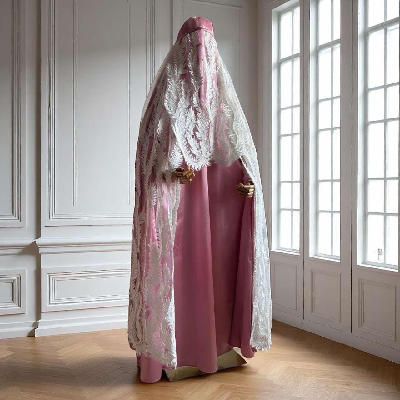 Luxury Pink Silk Burqa, 3D White Lace, Modest Islamic Wedding Wear - Etsy