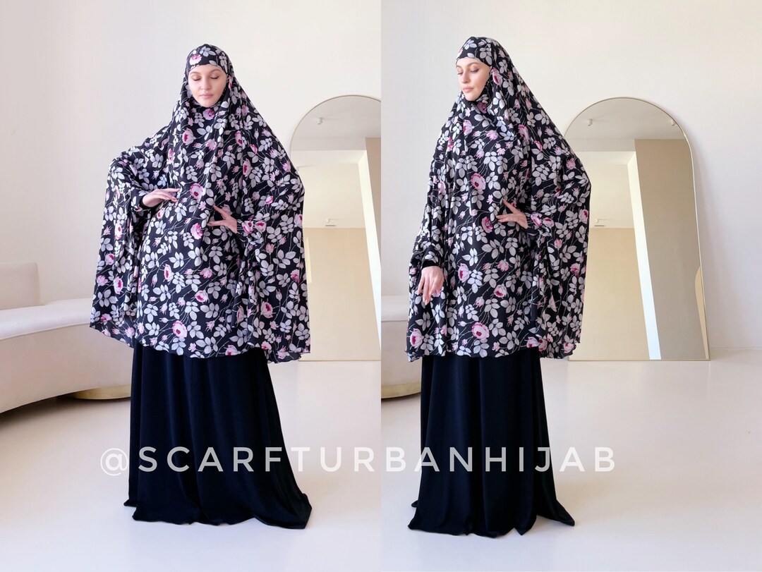 Elegant Long Khimar in Black With Pink Roses Print - Etsy