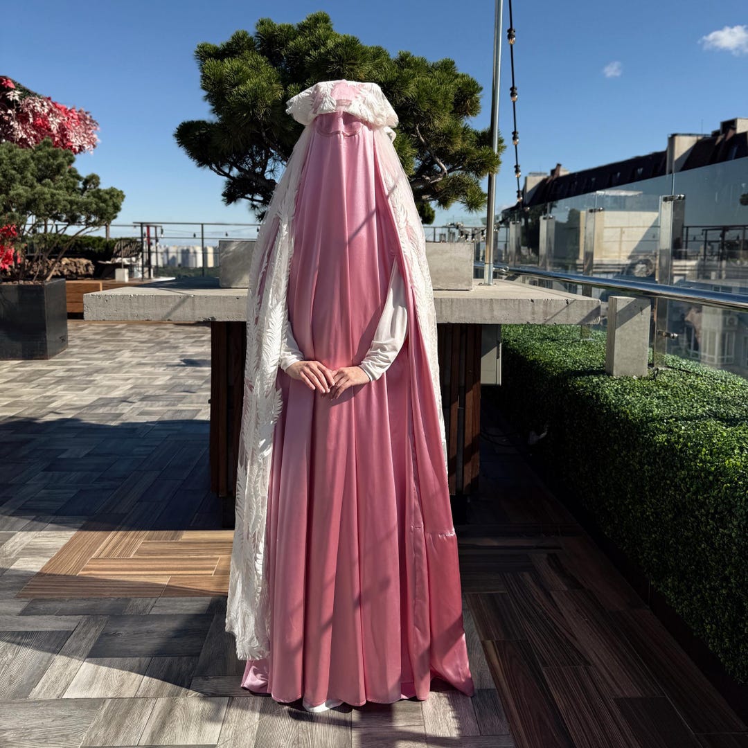 Luxury Pink Silk Burqa With 3D White Lace,bridal Islamic Cloak, Elegant ...