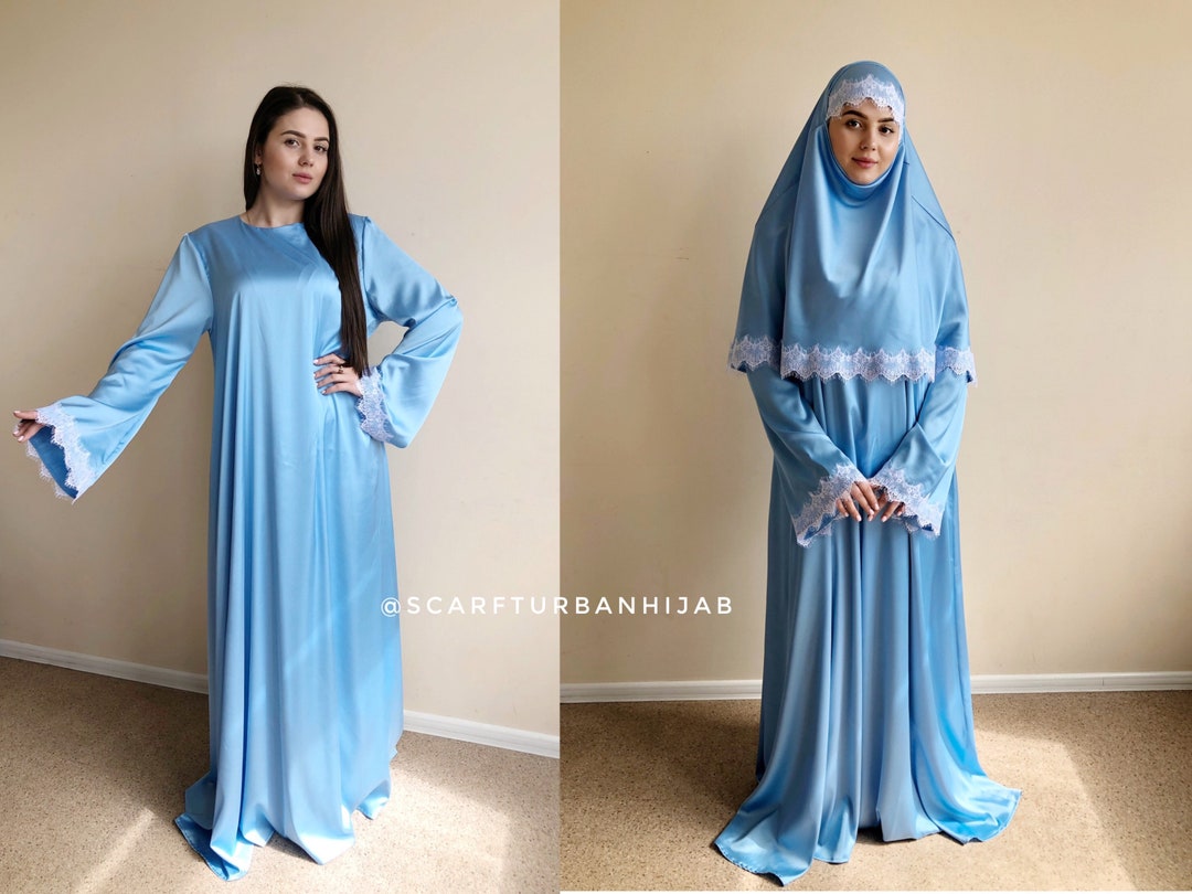 Sky Blue Silk Elegant Dress With White Lace Abaya, Stylish Hijab ...