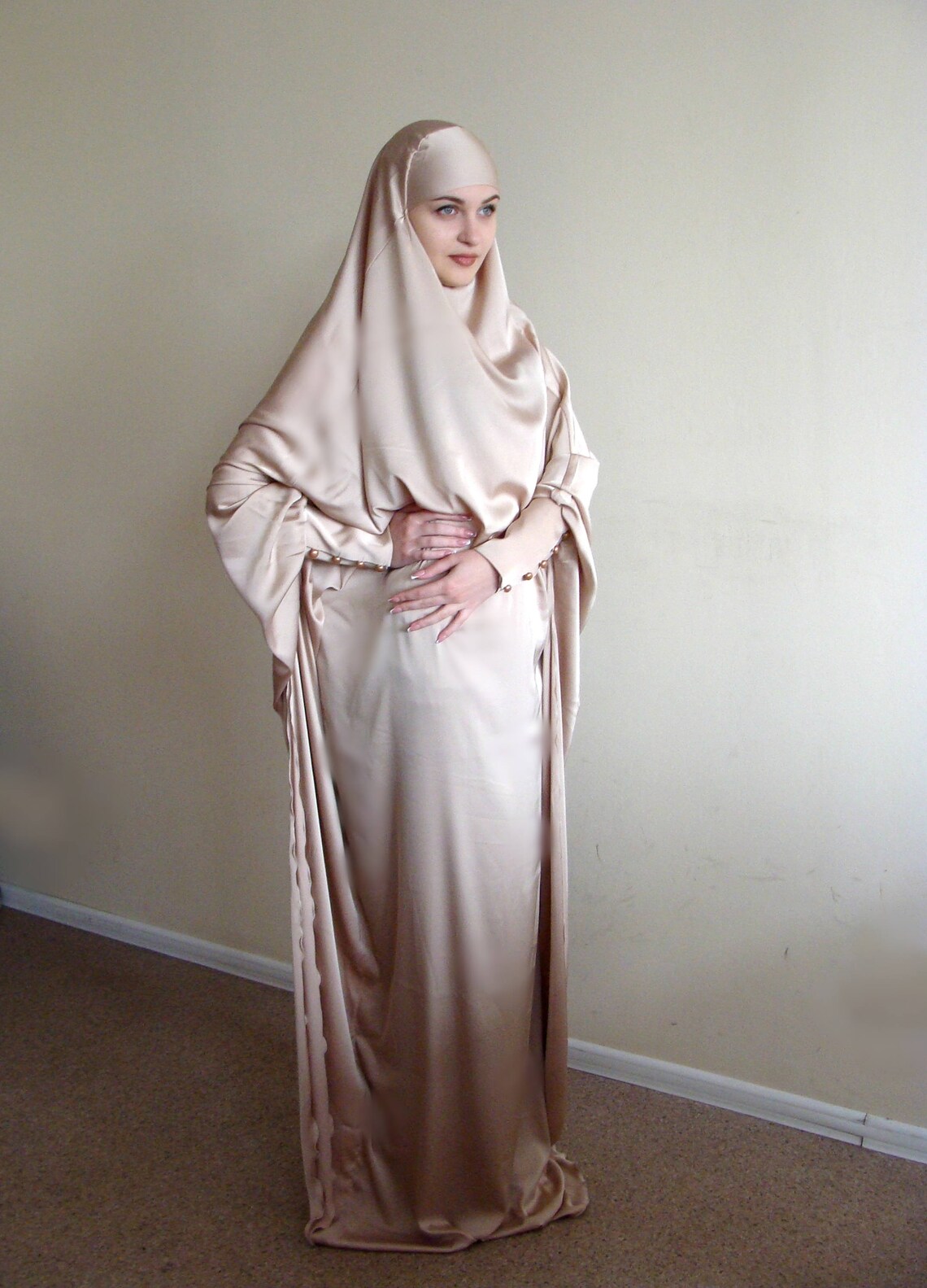 Long Silk Khimar Elegant Muslim Dress Beige Burqadubai Etsy