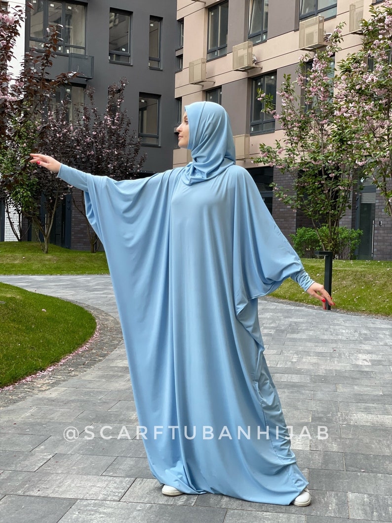 Sky Blue Prayer Dress, Attached Hijab, Farasha Caftan Abaya - Etsy