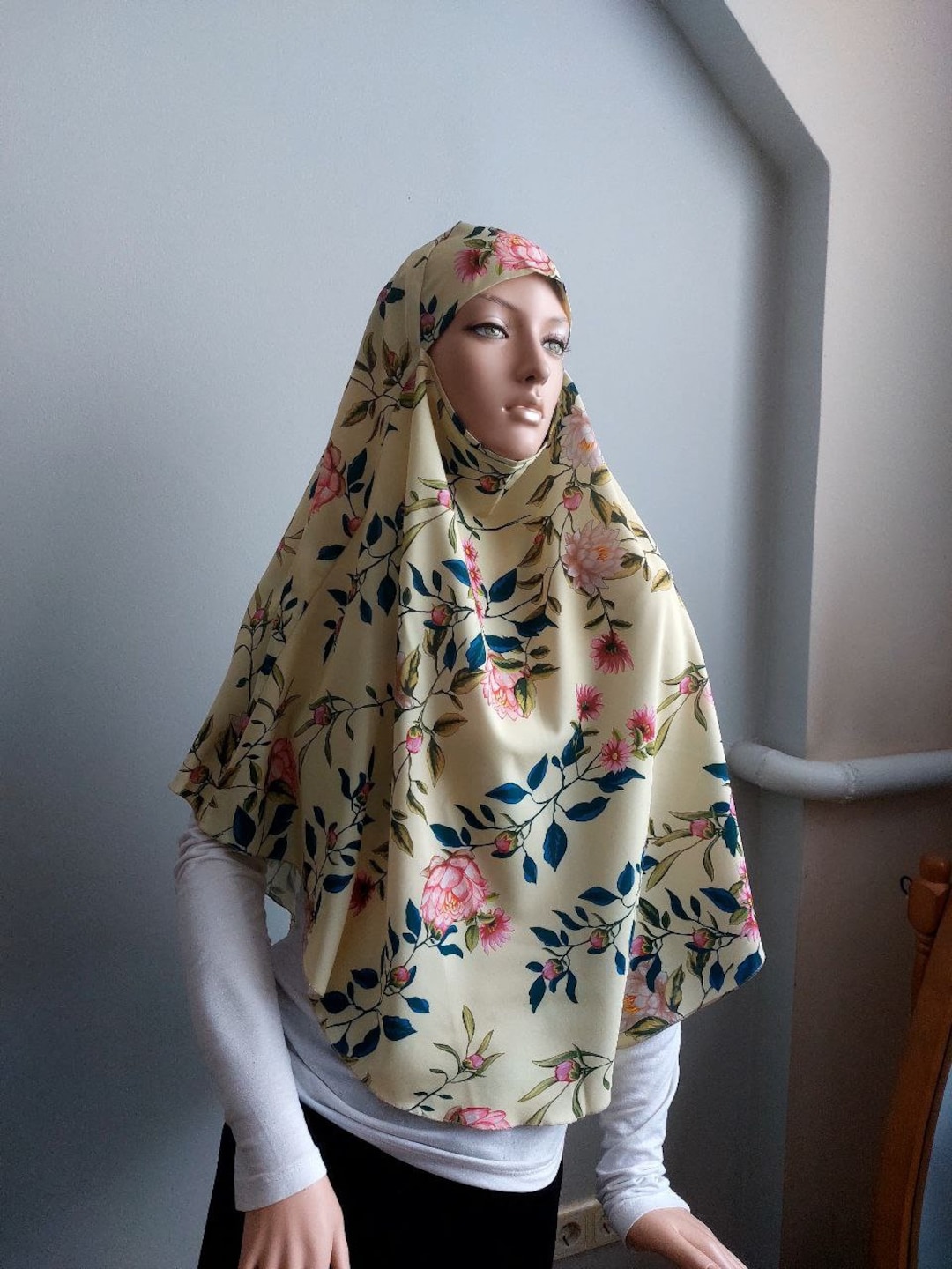 Yellow Floral Traditional Hijab Print, Tie Khimar, 1 Piece Ready to ...
