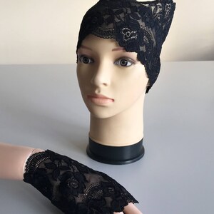 Black Lace Mittens and Buff, Retro Headband, Short Gloves, Lace Bonet ...