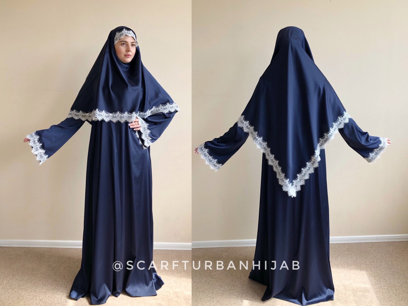 Navy Blue Silk Elegant Dress With White Lace Abaya, Stylish Hijab ...