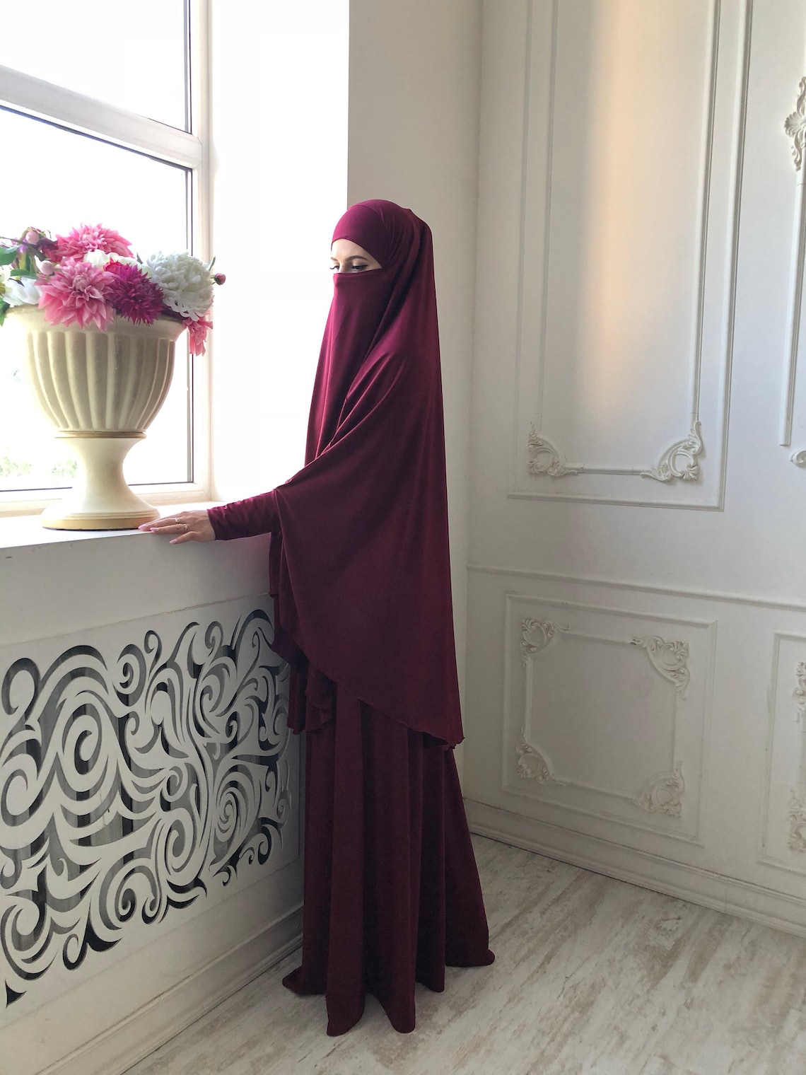 Burgundy Jilbab suit with skirt Transformer Khimar niqab | Etsy