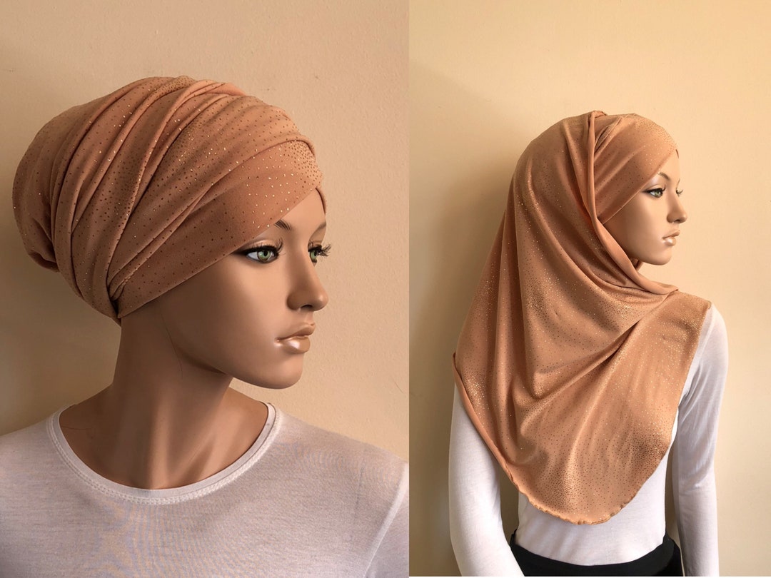 2 in One Golden Hijab -jersey Turban - Volume Ready Turban - Vintage ...