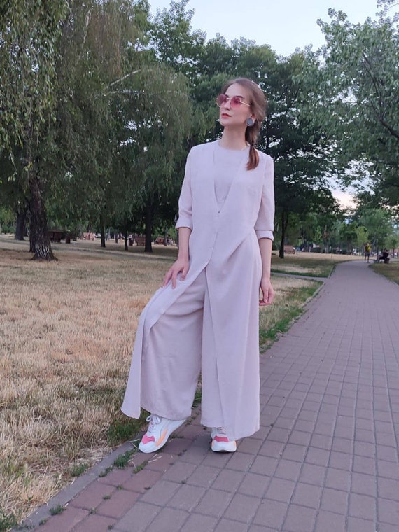 Cream Summer Combo Suit Trouser Suit With Cardigan Crepe - Etsy