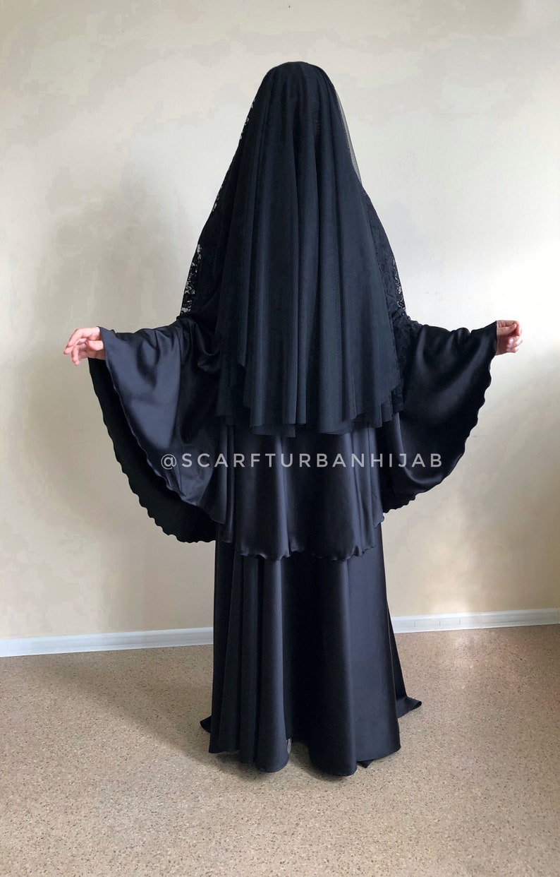 Elegant Muslim Black Suit With 4 Layers Veil Long Khimar | Etsy