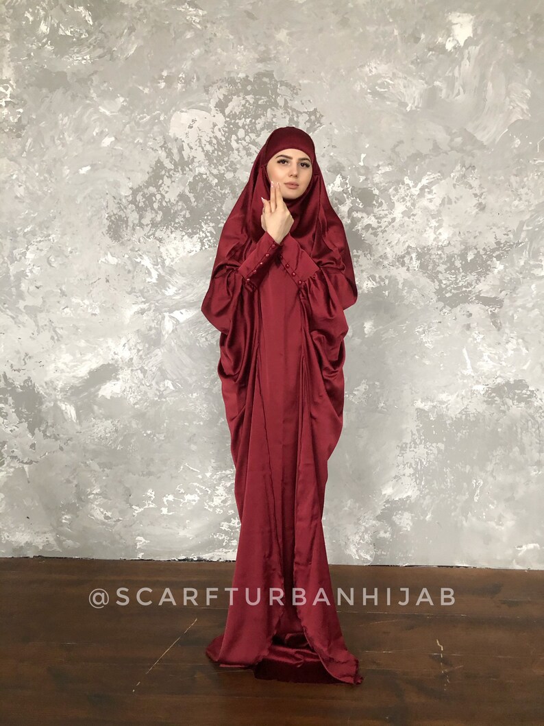 Plus Size Burgundy Silk Khimar Muslim Jilbab Dress Elegant Etsy