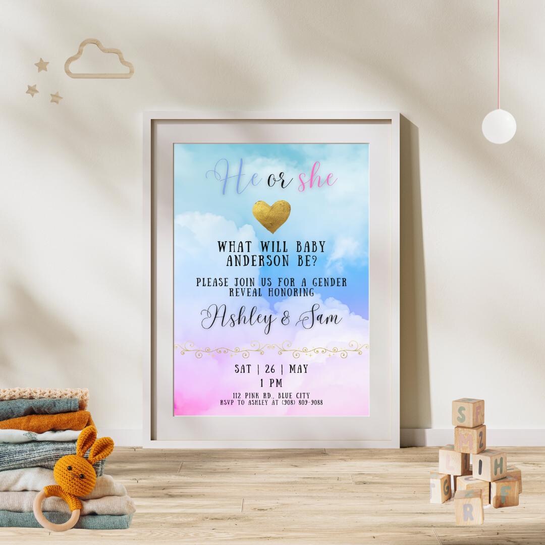 Cloud Gender Reveal Invitation, Pink and Blue Gender Reveal Invite ...