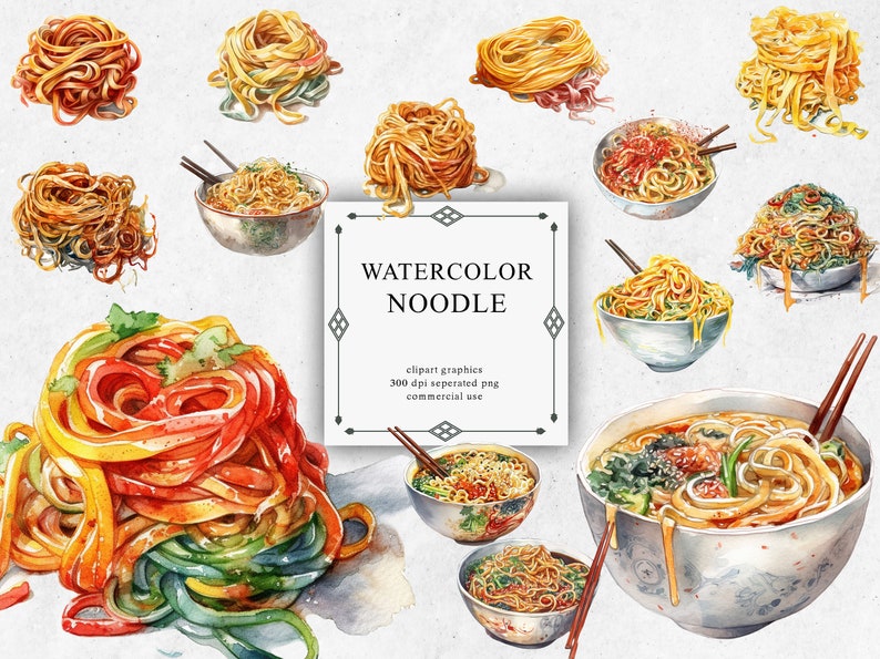 20 Noodle Clipart Set in Transparent PNG - Noodle Watercolor Digital ...