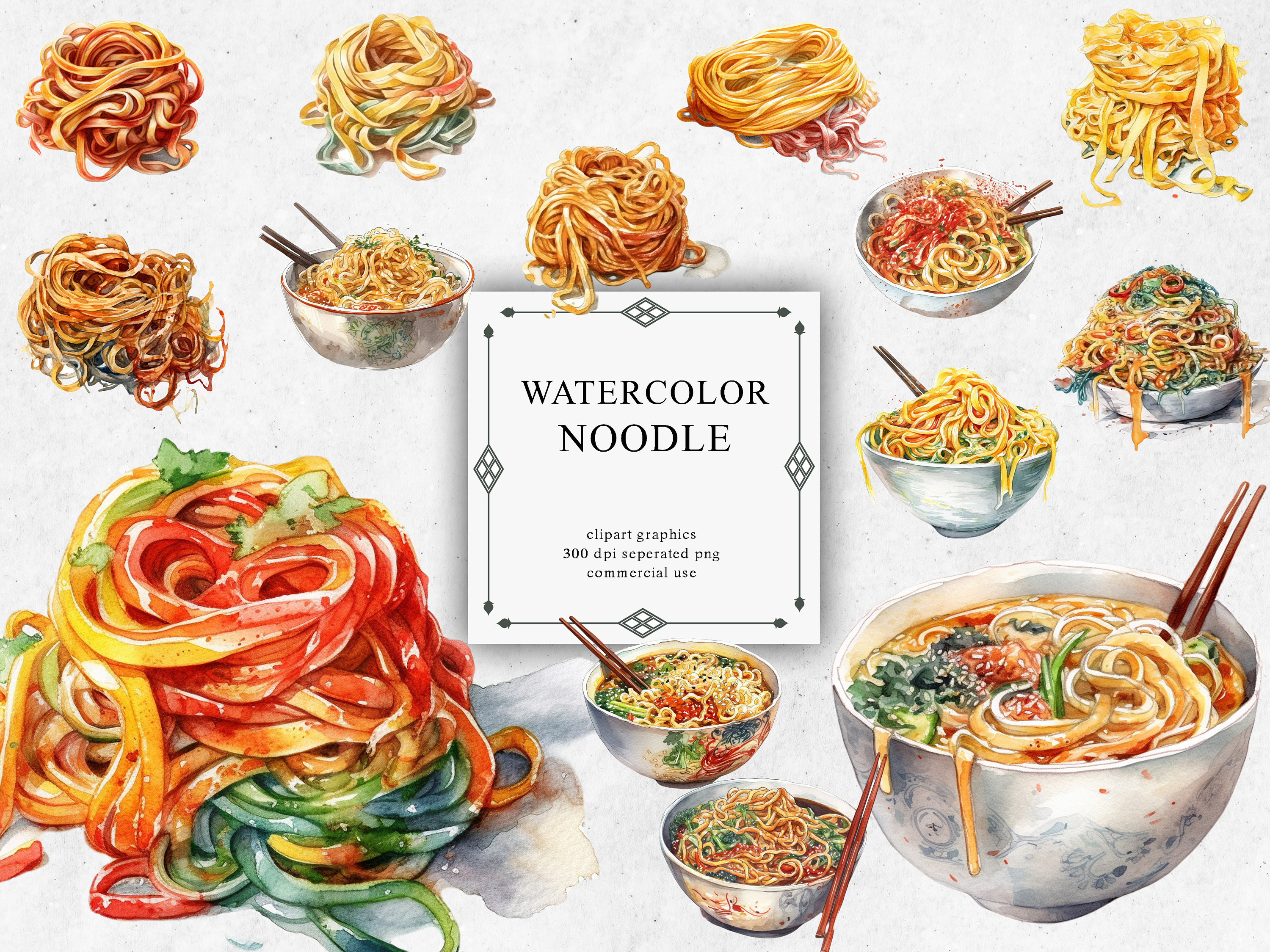 20 Noodle Clipart Set in Transparent PNG - Noodle Watercolor Digital ...