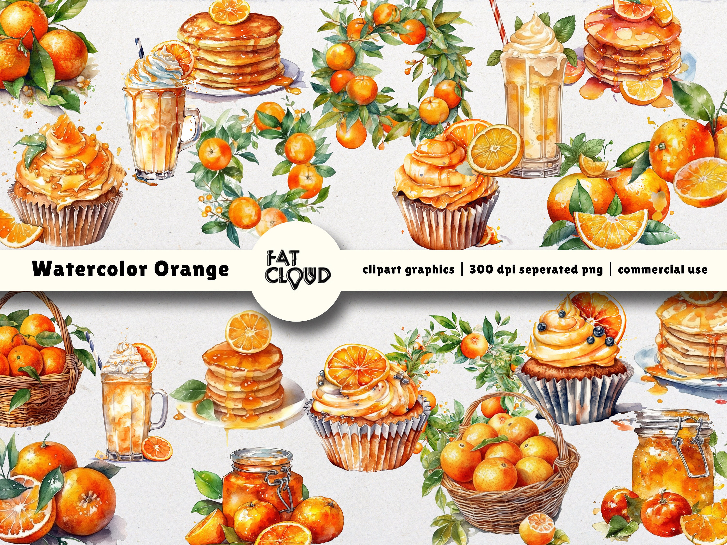 Watercolor Orange Clipart - Digital PNG Orange Jar, Orange Pancake ...