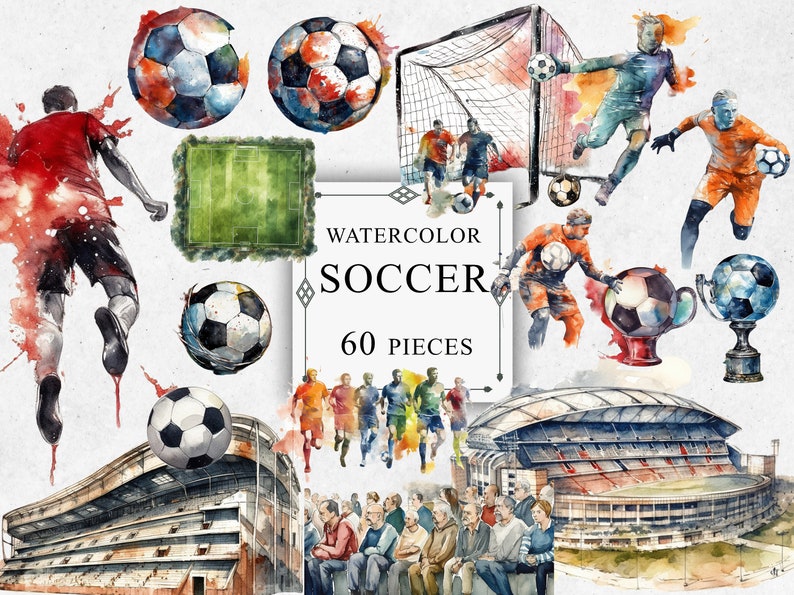 60 Soccer Clipart Watercolor Bundle Png Graphics Images Pack - Digital ...