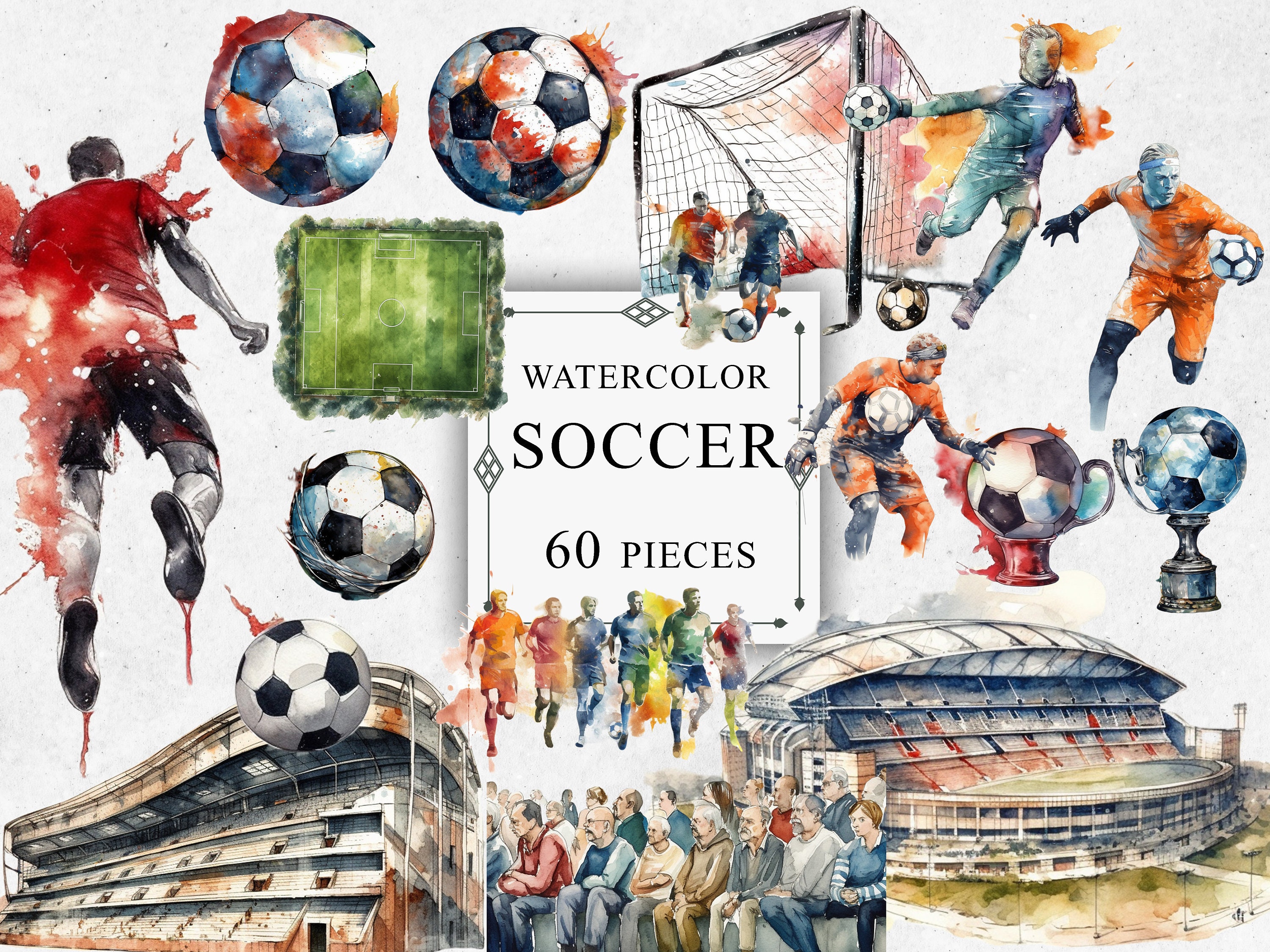 60 Soccer Clipart Watercolor Bundle Png Graphics Images Pack - Digital ...
