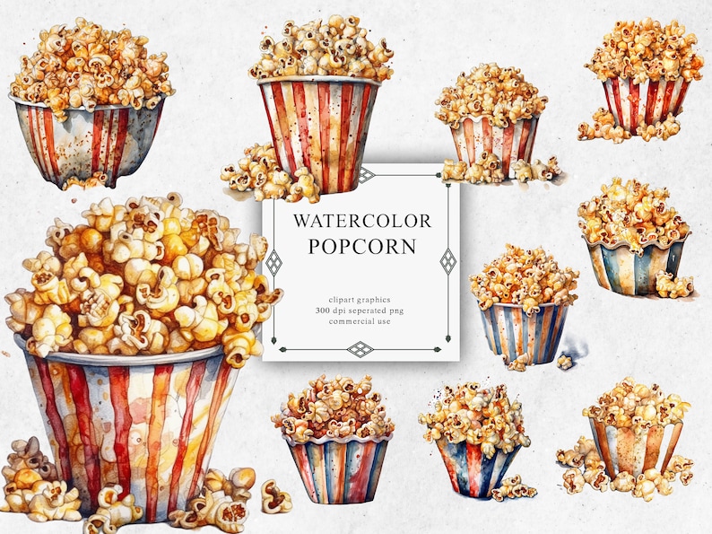 20 Popcorn Clipart Set in Transparent PNG - Popcorn Watercolor Digital ...