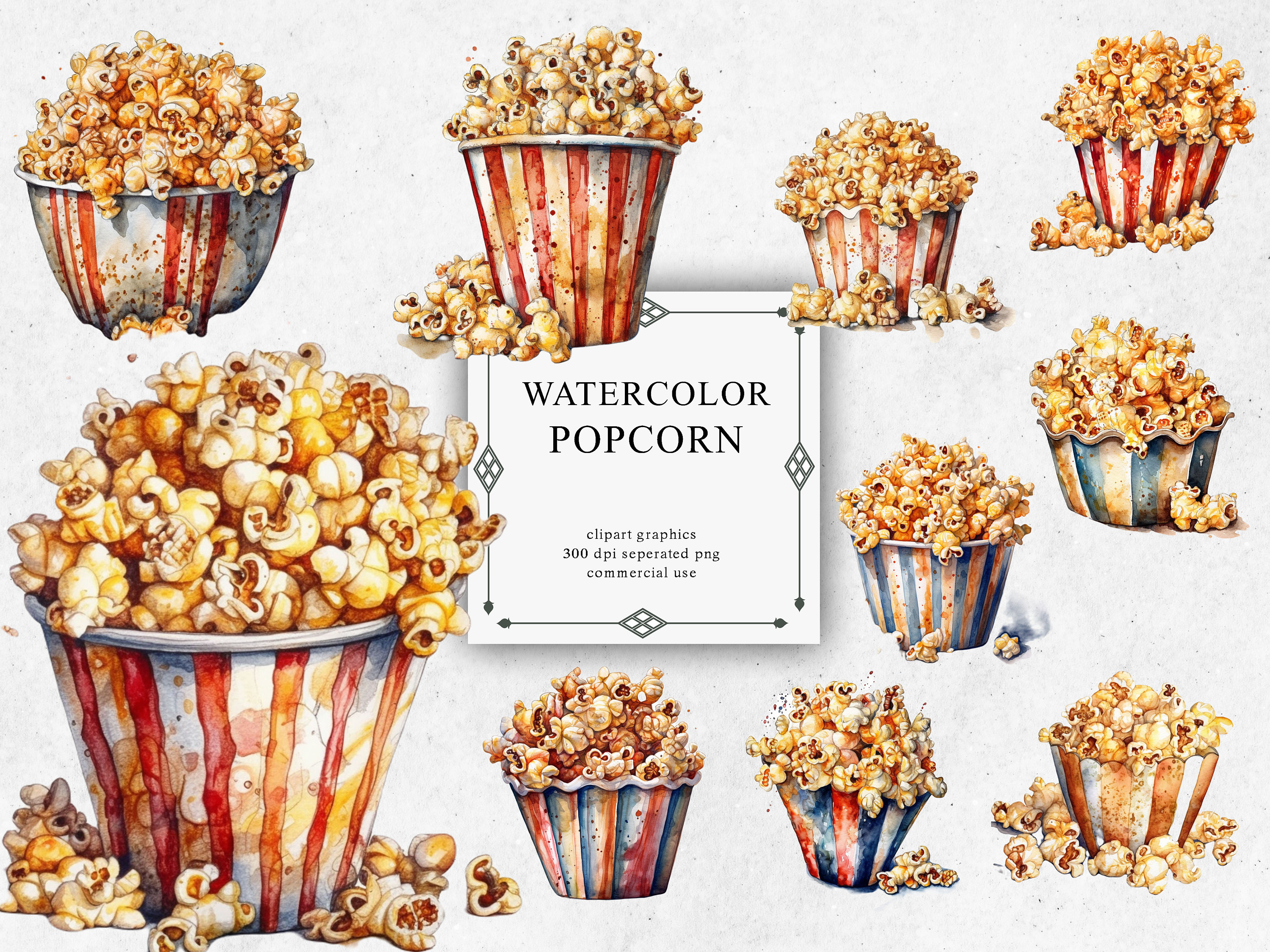 20 Popcorn Clipart Set in Transparent PNG - Popcorn Watercolor Digital ...