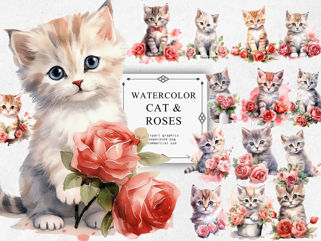 Cat With Roses Clipart Set in Transparent PNG - Cat With Rose ...