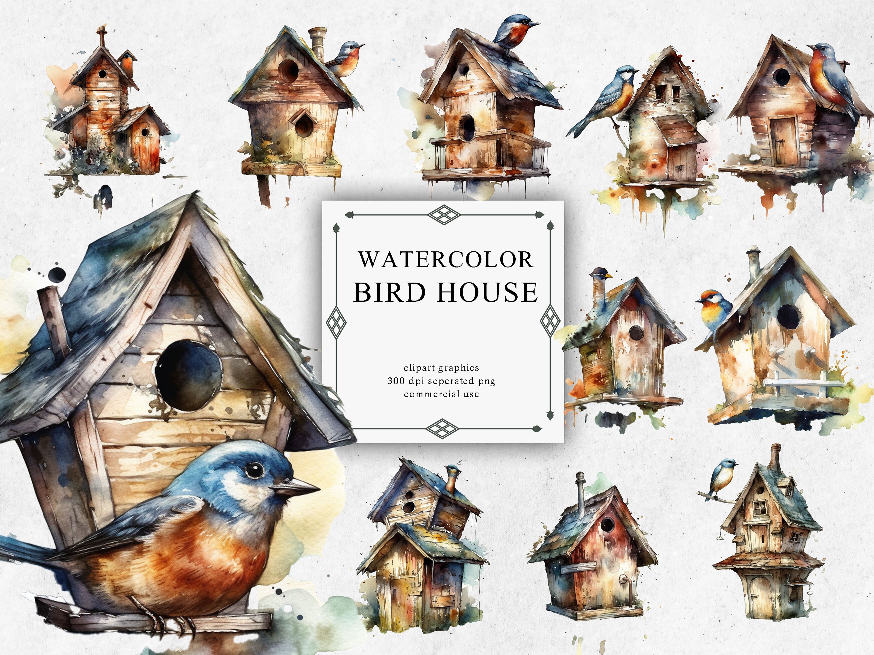 20 Watercolor Bird House Clipart - Digital PNG Bird House. Bird House ...