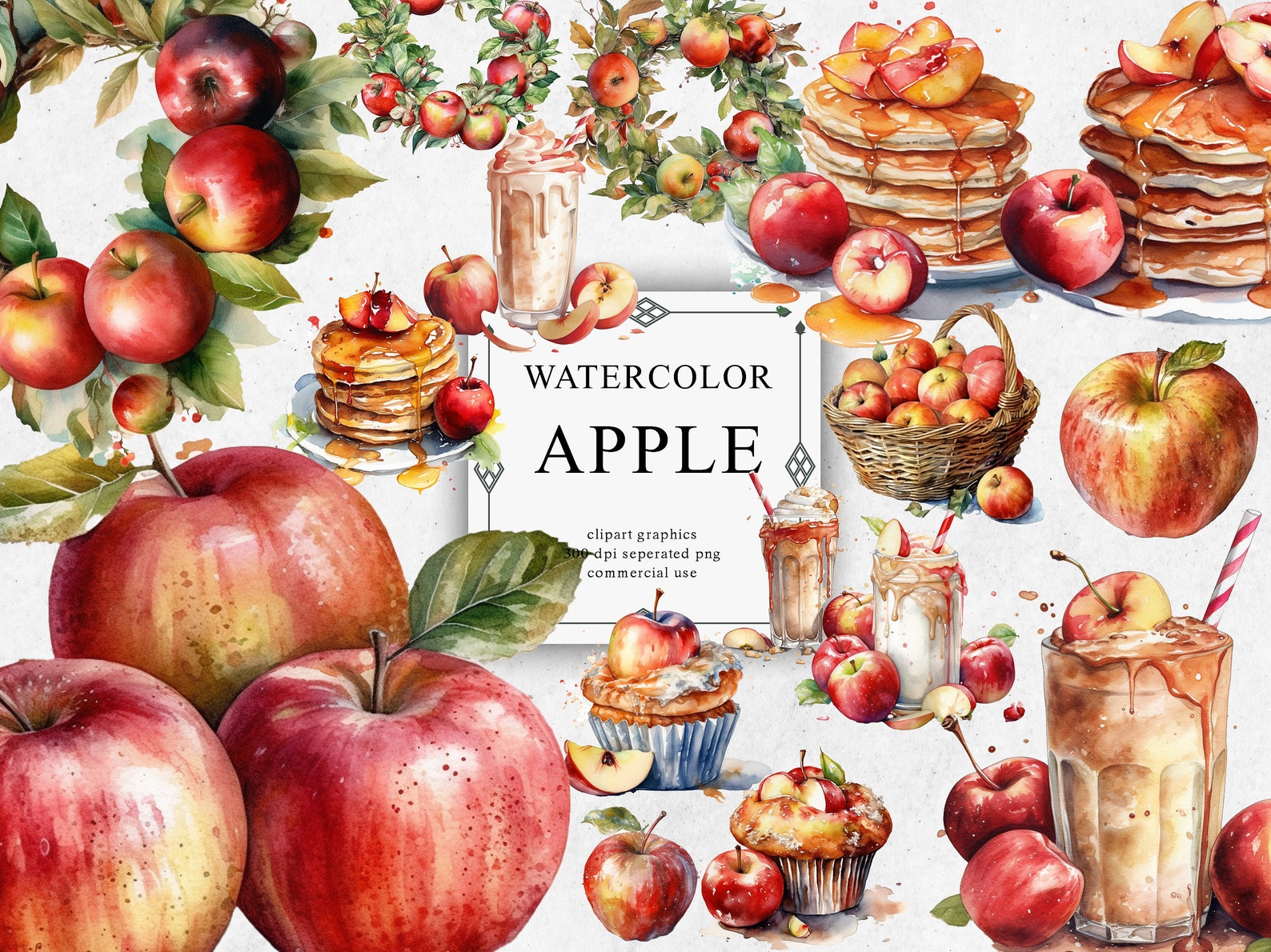 Watercolor Apple Clipart - Digital PNG Apple Jar, Apple Pancake, Apple ...