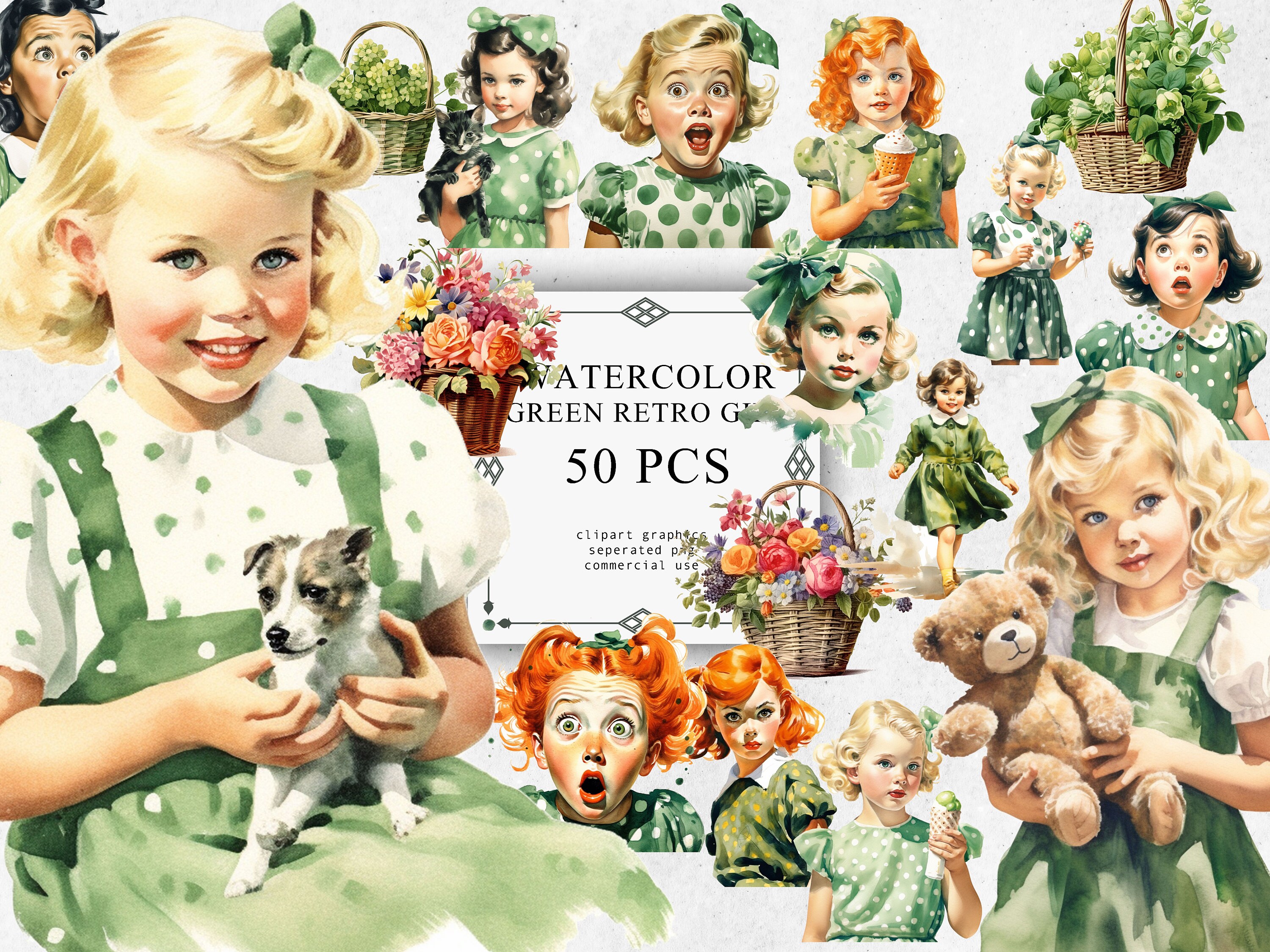 50 Green Retro Girl Clipart Set in Transparent PNG Green Retro Girl ...
