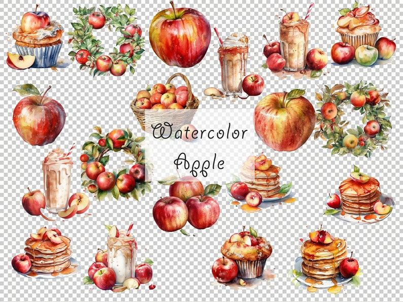 Watercolor Apple Clipart - Digital PNG Apple Jar, Apple Pancake, Apple ...