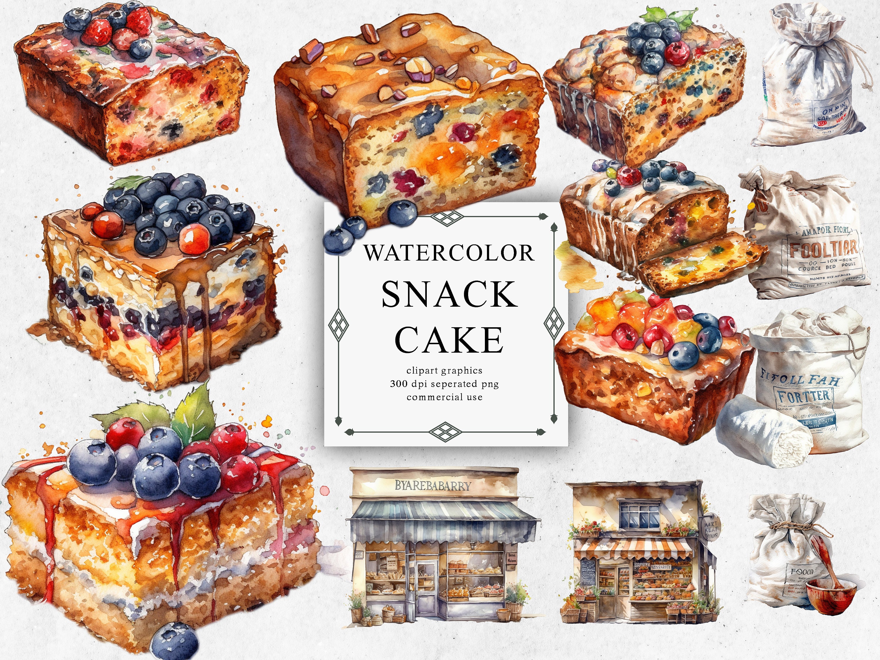 13 Watercolor Snack Cake Clipart - Digital PNG Snack Cake, Delicious ...