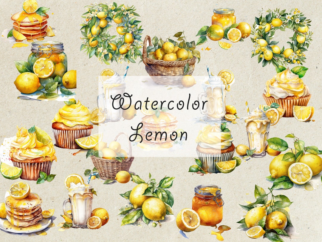 Watercolor Lemon Clipart - Digital PNG Lemon Jar, Lemon Pancake, Lemon ...