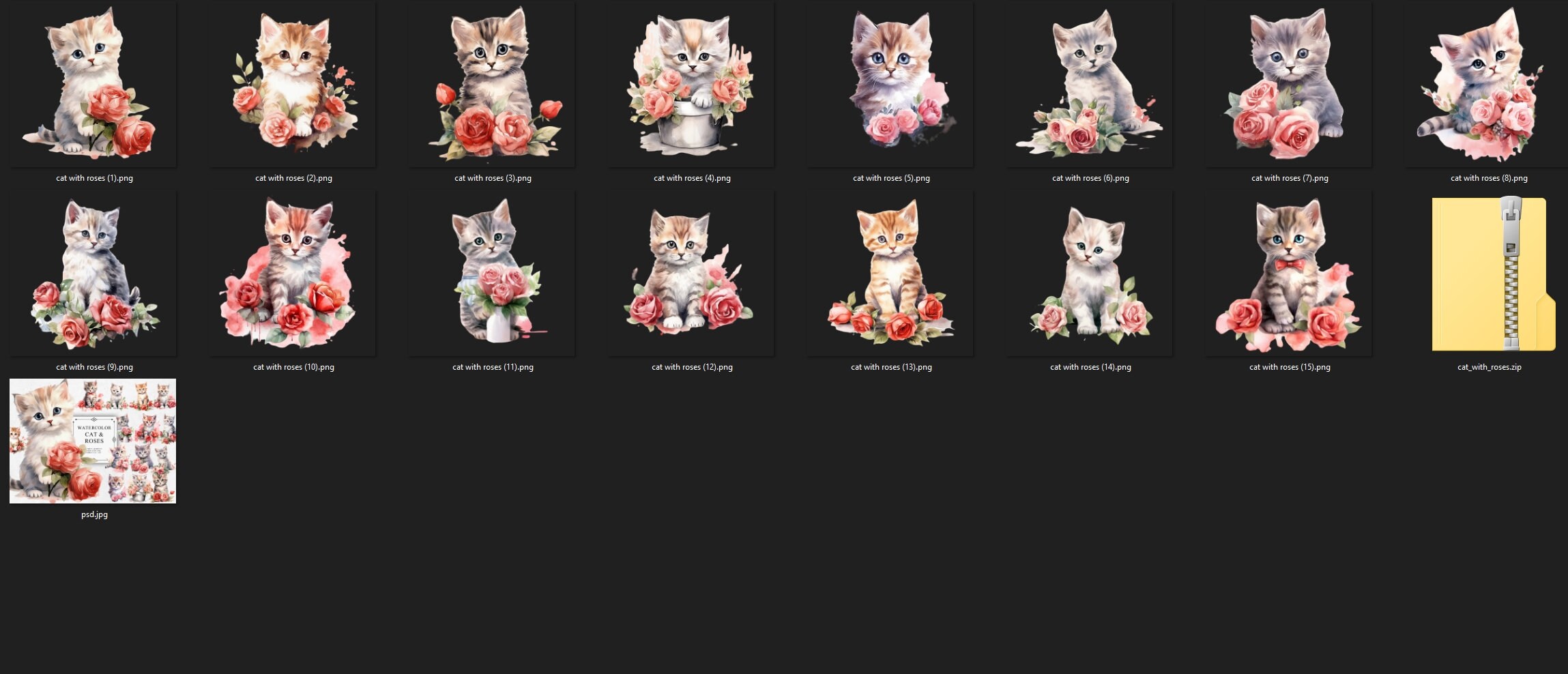Cat With Roses Clipart Set in Transparent PNG - Cat With Rose ...