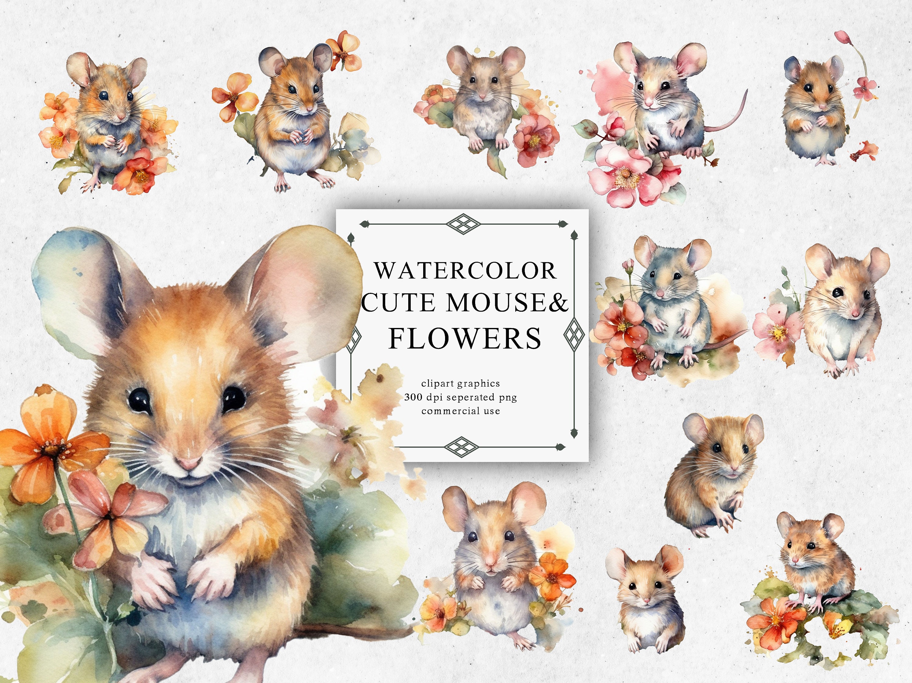 20 Watercolor Mouse Flowers Clipart - Digital PNG Mouse Flowers. Mouse ...