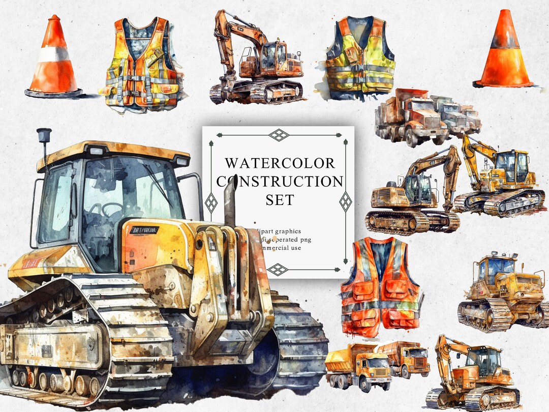 23 Construction Set Clipart Watercolor Bundle Png Graphics Images Pack ...