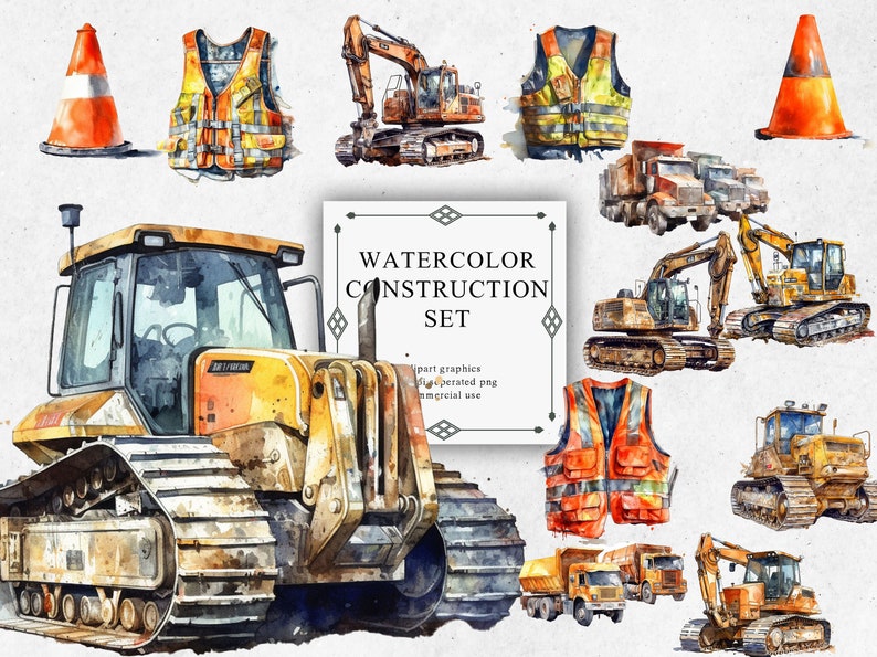 23 Construction Set Clipart Watercolor Bundle Png Graphics Images Pack ...