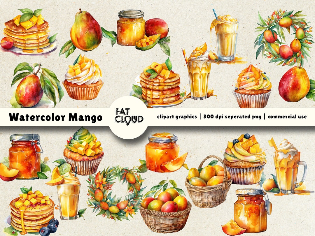 20 Watercolor Mango Clipart - Digital PNG Mango Jar, Mango Pancake ...