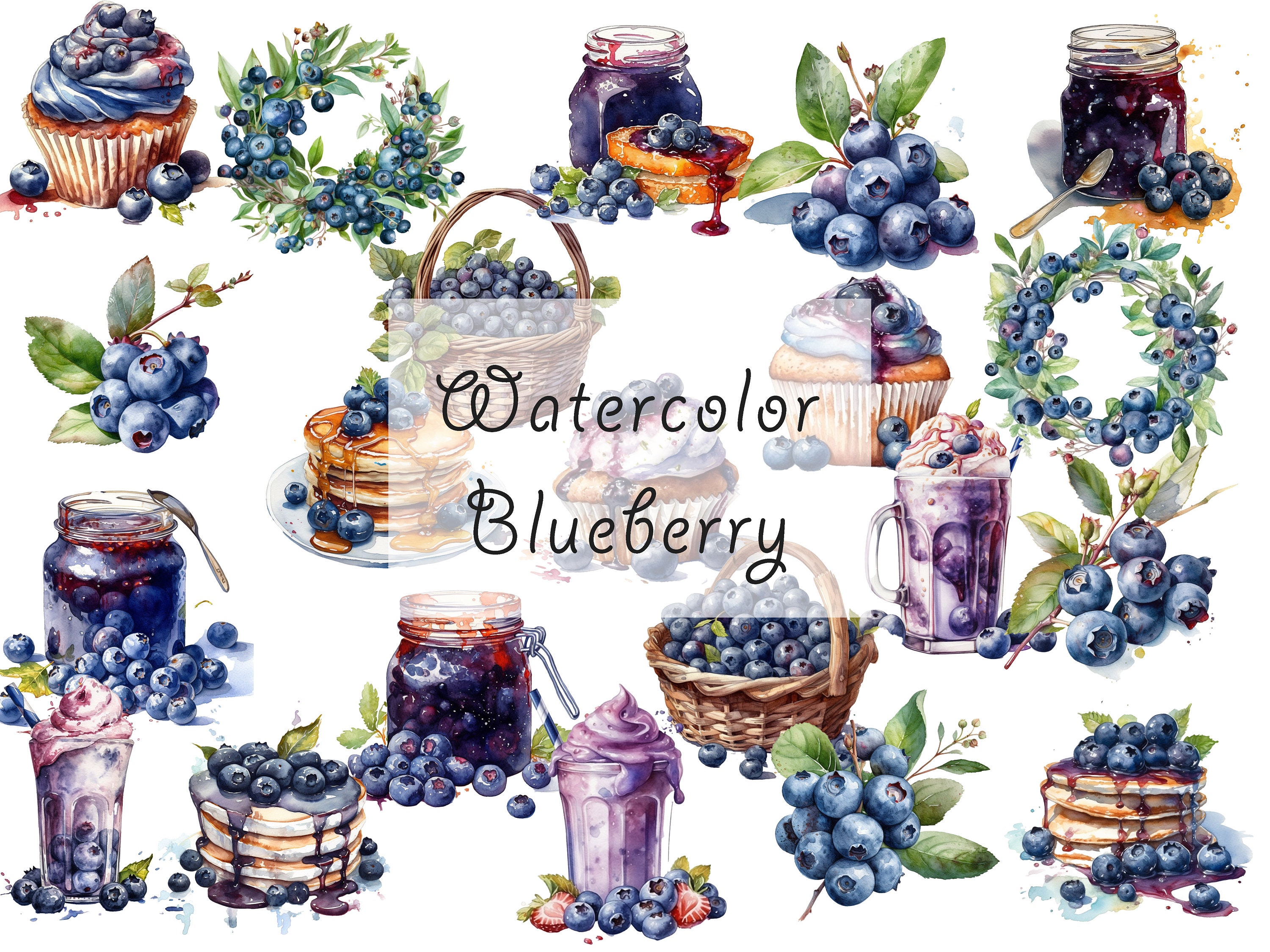 Watercolor Blueberry Clipart Digital PNG Blueberry Jar, Blueberry ...