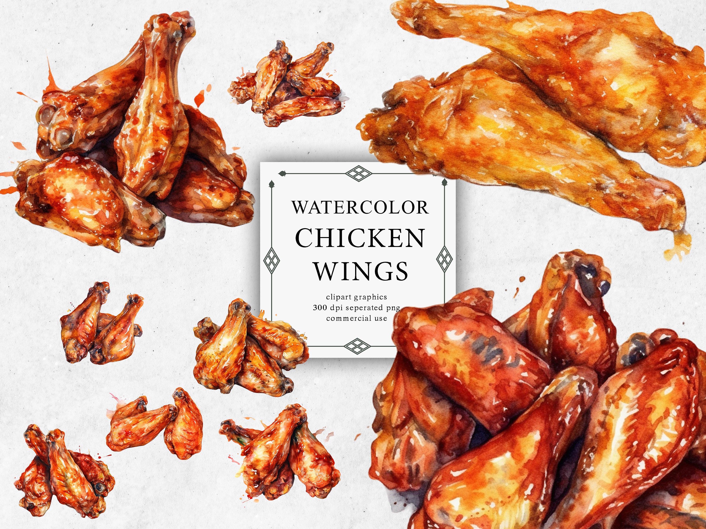 20 Chicken Wings Clipart Set in Transparent PNG - Chicken Wings Watercolor Digital Image ...