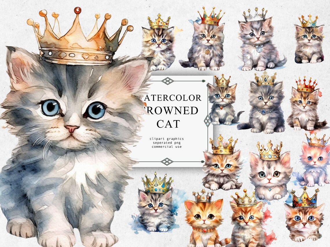 Crown Cat Clipart Set in Transparent PNG - Crown Cat Watercolor Digital ...